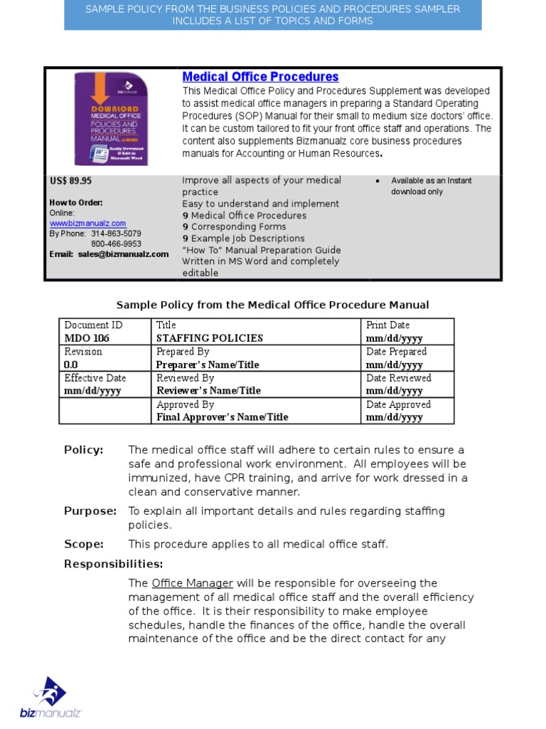 Bizmanualz Medical Office Policies and Procedures Sample | PDF | Nursing | Medicine