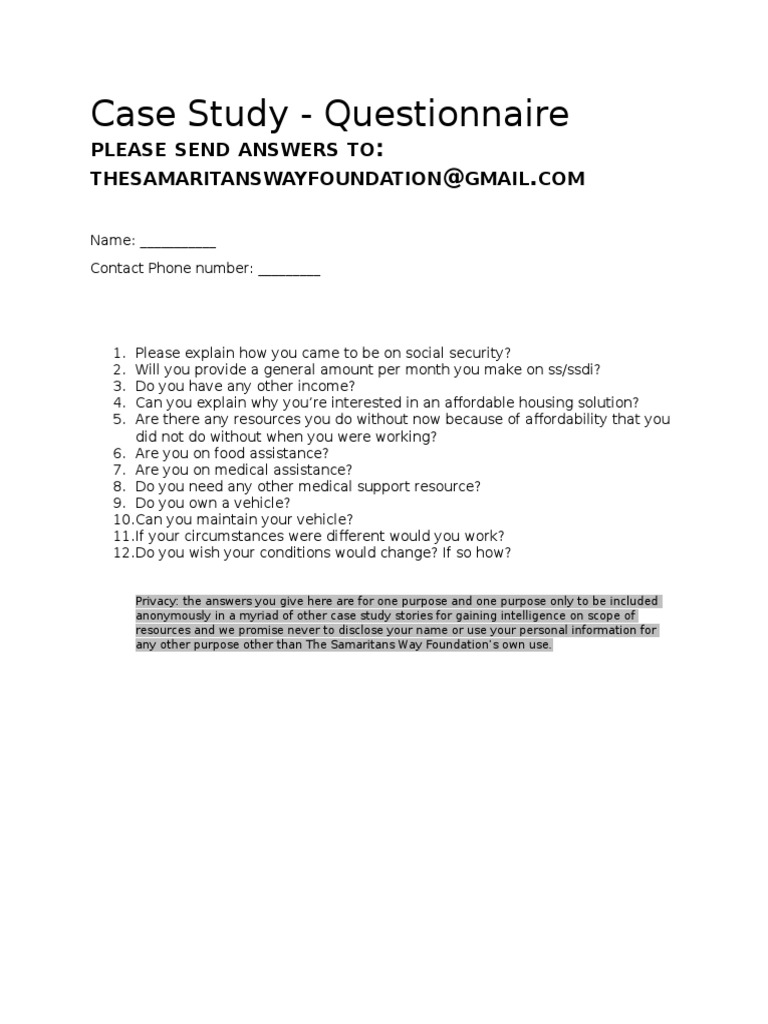Case Study - Questionnaire: Please Send Answers TO Thesamaritanswayfoundation Gmail COM | PDF ...