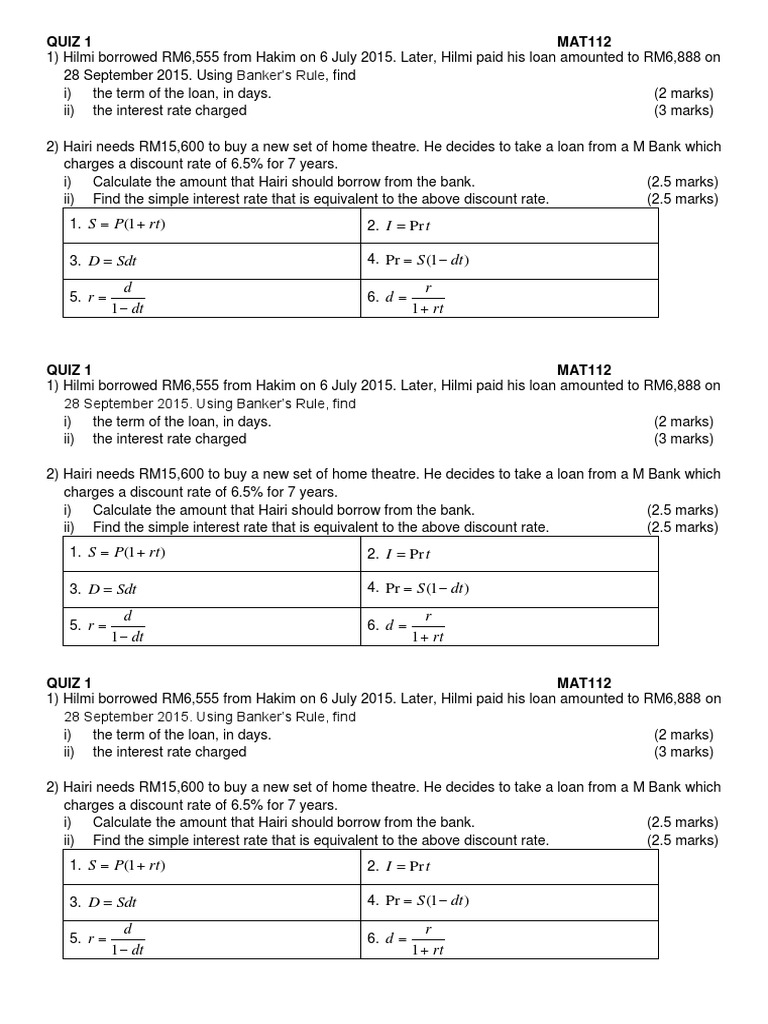 Loan Calculation Quiz for MAT112 | PDF