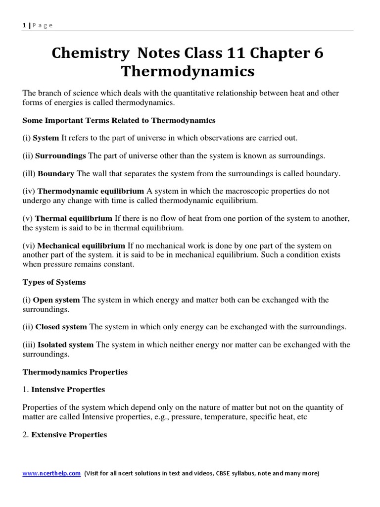 Chemistry Notes Class 11 Chapter 6 Thermodynamics | PDF | Gibbs Free ...