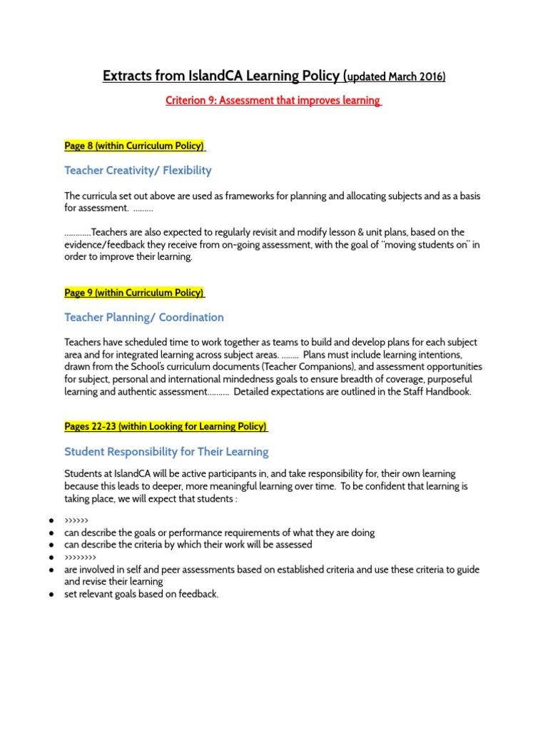 Isca Learning Policy Extracts - Crit 9 | PDF | Educational Assessment ...