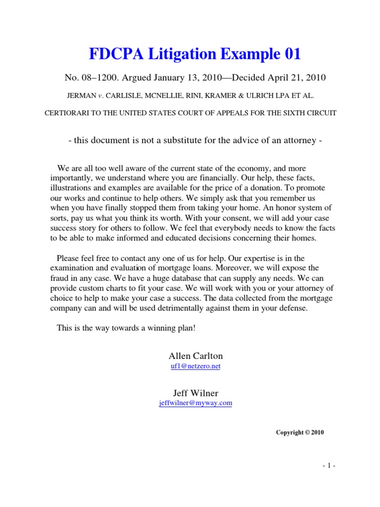 FDCPA Litigation Example 01 | PDF | Collection Agency | Foreclosure