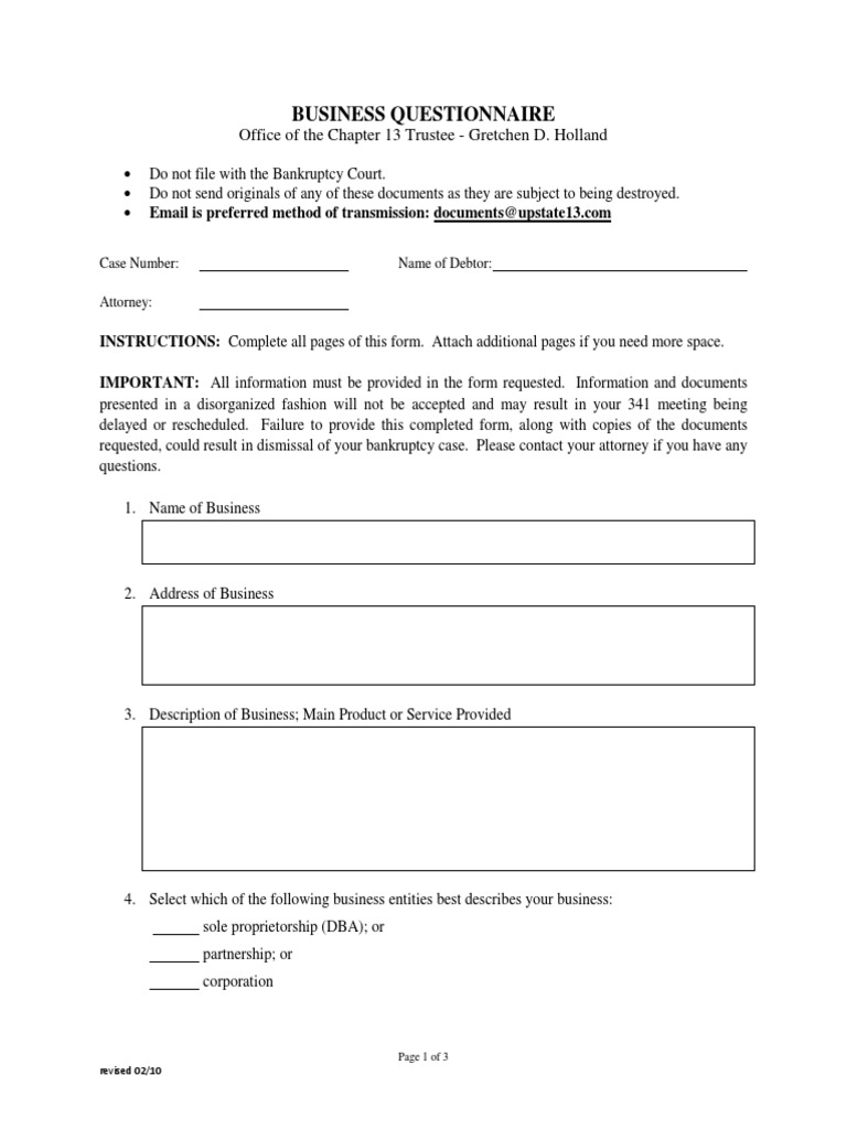 Chapter 13 Business Questionnaire Form | PDF | Bankruptcy | Employment