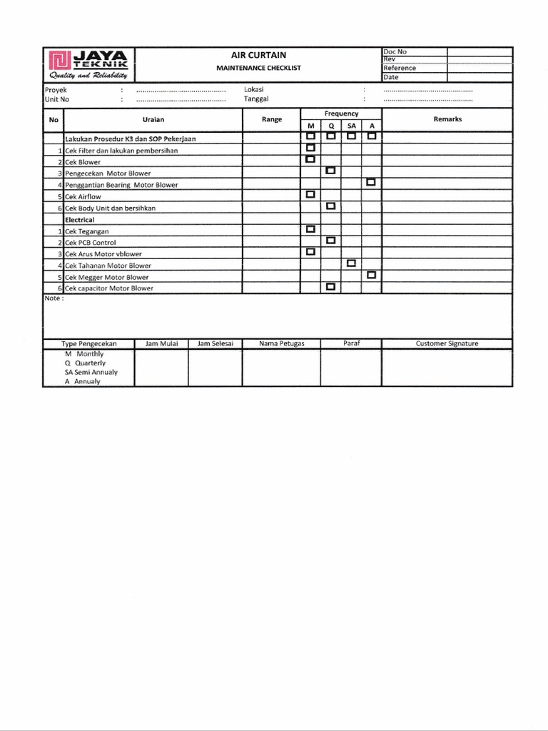 Air Curtain Maintenance Checklist | PDF