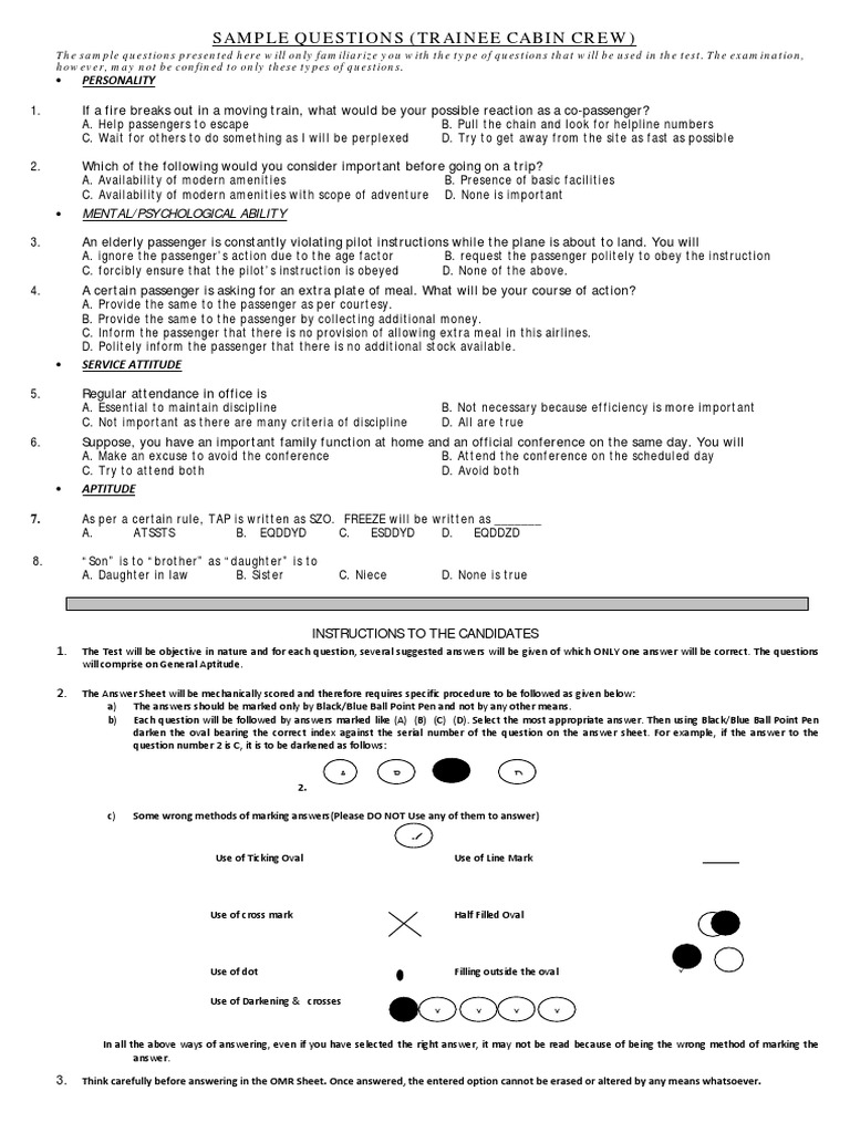 CPL Exam Sample Questions for Cabin Crew | PDF | Test (Assessment ...