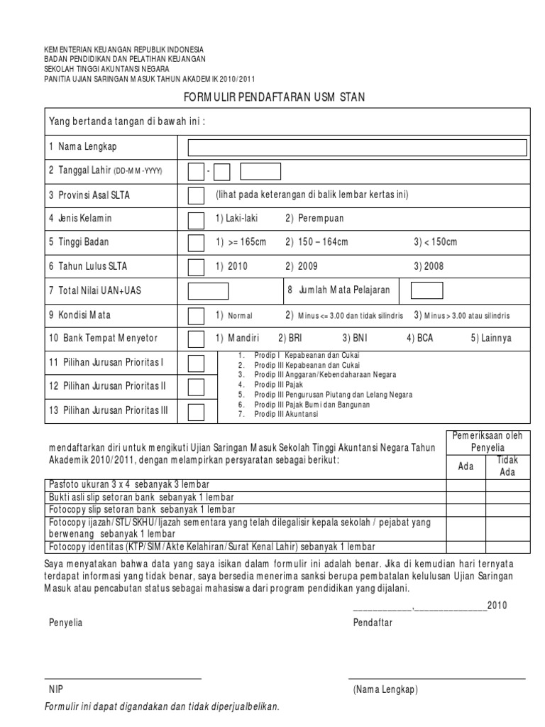 Formulir Pendaftara USM DIII & DI STAN T.A. 2010 | PDF