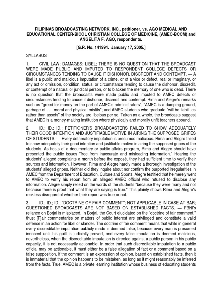 Filipinas Broadcasting Network Inc. vs. Ago Medical and Educational ...