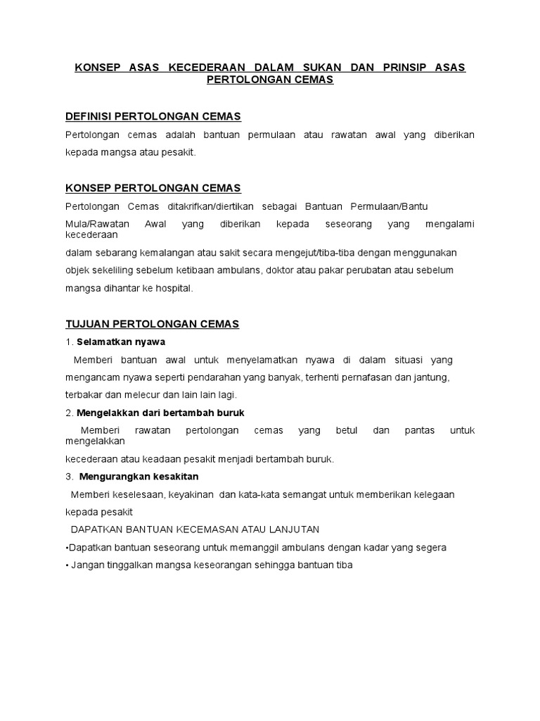 Konsep Asas Kecederaan Dalam Sukan Dan Prinsip Asas Pertolongan Cemas | PDF