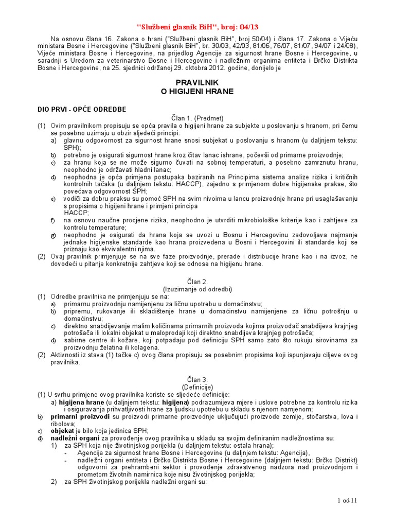 Pravilnik o Higijeni Hrane | PDF