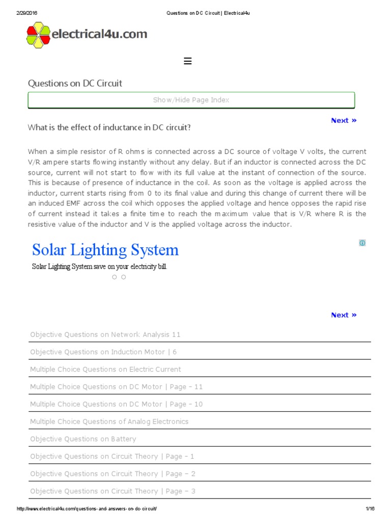 Questions On DC Circuit - Electrical4u | PDF | Inductor | Electricity