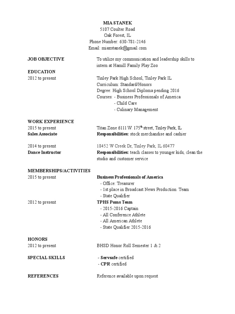 MIA STANEK Resume for Zoo Internship | PDF