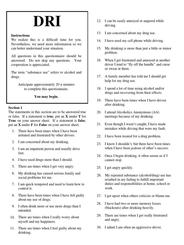 Driver Risk Inventory Questionnaire | PDF | Substance Abuse | Driving ...
