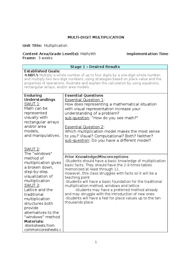 4th Grade Multi-Digit Multiplication Plan | PDF | Multiplication ...