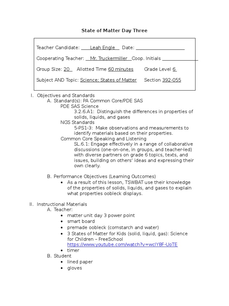 Portfolio Standard 1 - Matter Unit Day 3 Lesson | PDF | Matter | Gases