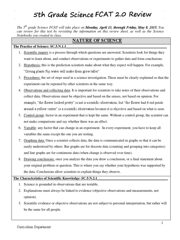 5th Grade Science FCAT Review Guide | PDF | Planets | Solar System
