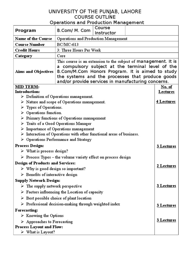 OM Outline | PDF | Operations Management | Lecture