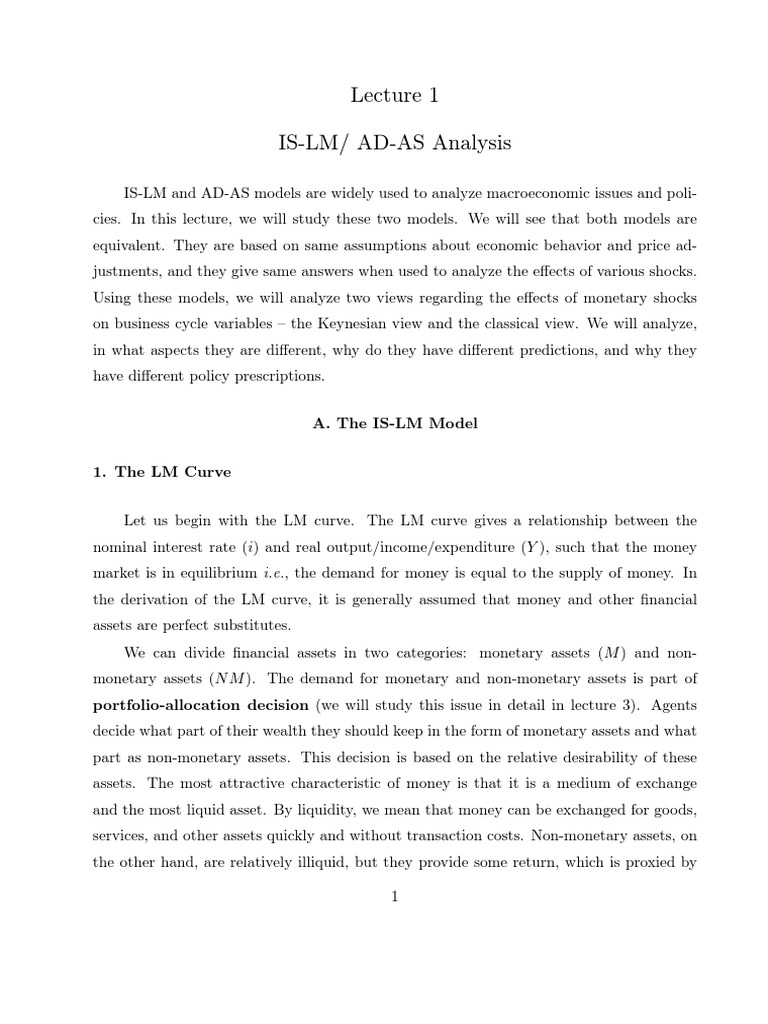 Lecture 1 - Is-lM & AD-As Analysis | PDF | Phillips Curve | Labour ...