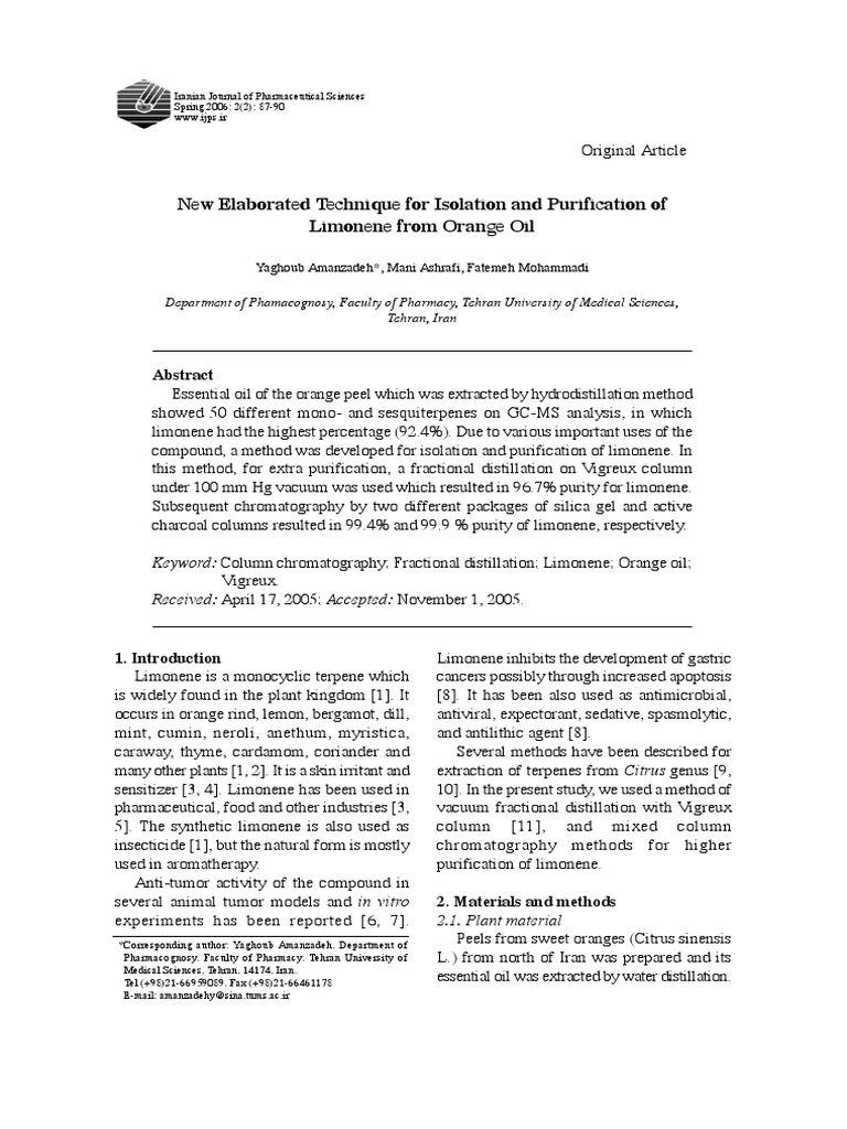 Limonene Purification | PDF | Gas Chromatography–Mass Spectrometry ...