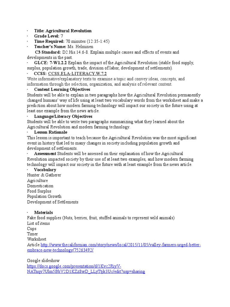 Agricultural Revolution Lesson Plan | PDF | Agriculture | Society