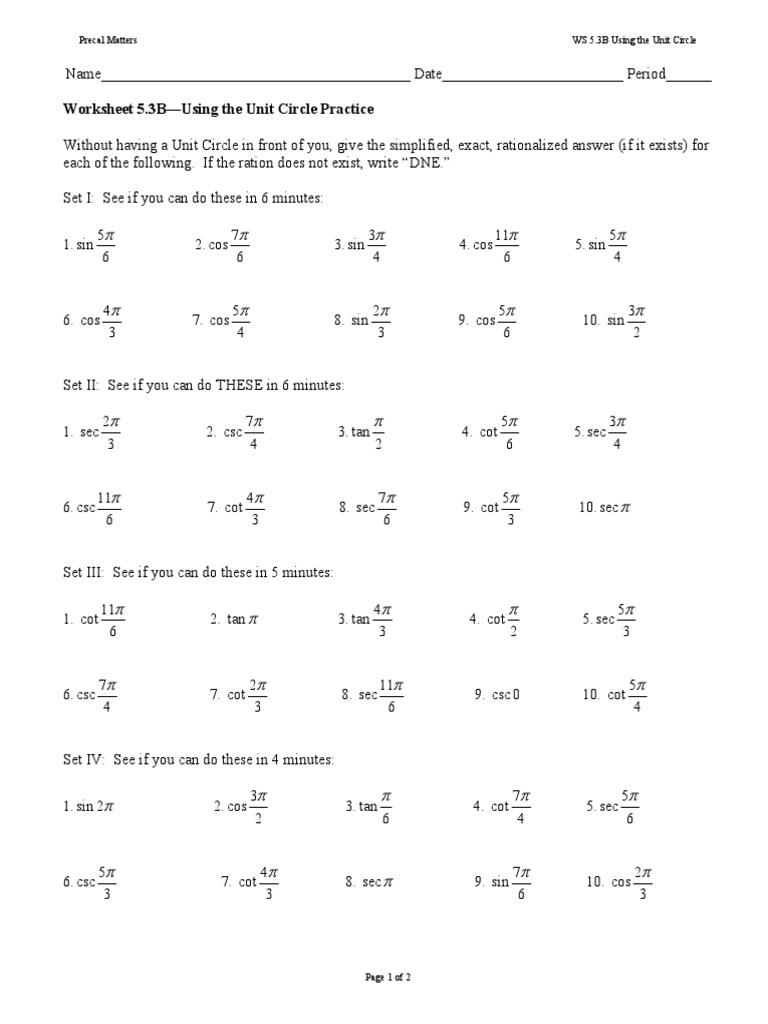 Unit Circle Practice Worksheet High School Trigonometry Practice