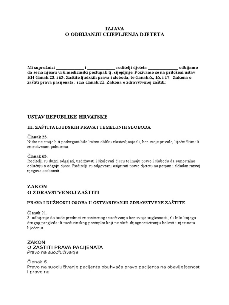 Izjava o Odbijanju Cijepljenja Djeteta | PDF