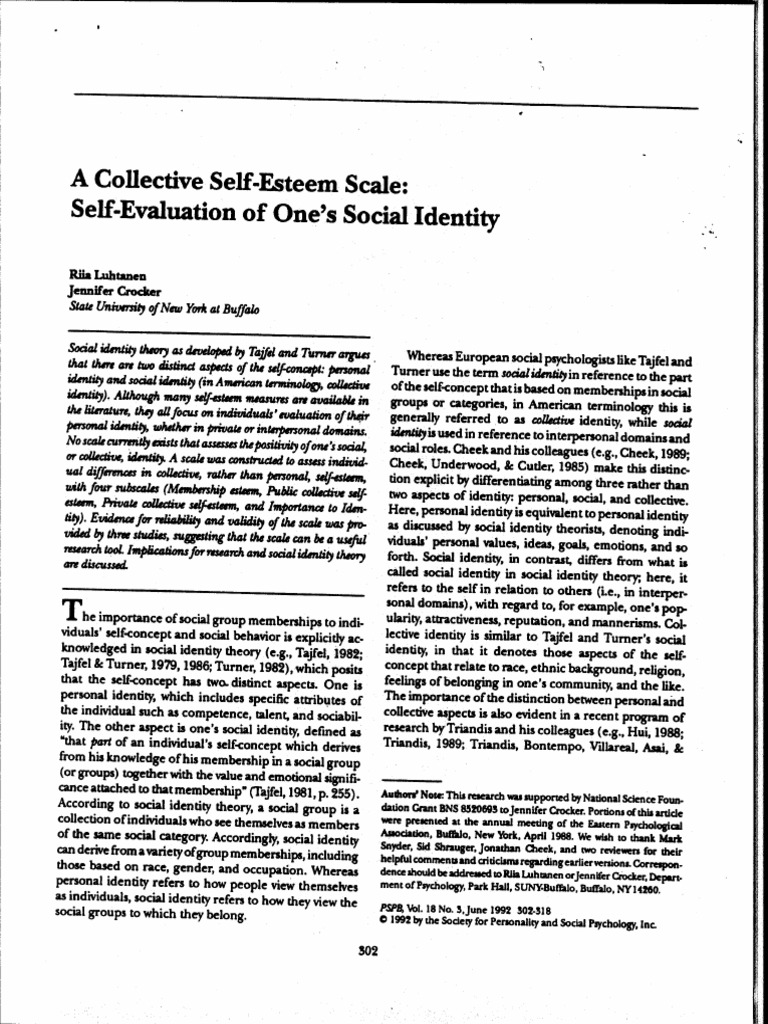 Luhtanen Crocker 1992 A Collective Self-Esteem Scale Self-Evaluation of ...