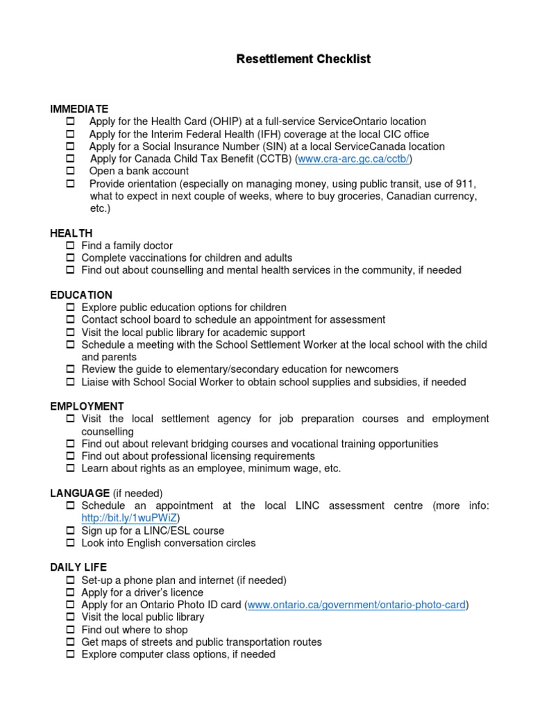 Newcomer Resettlement Checklist Canada | PDF | Social Science