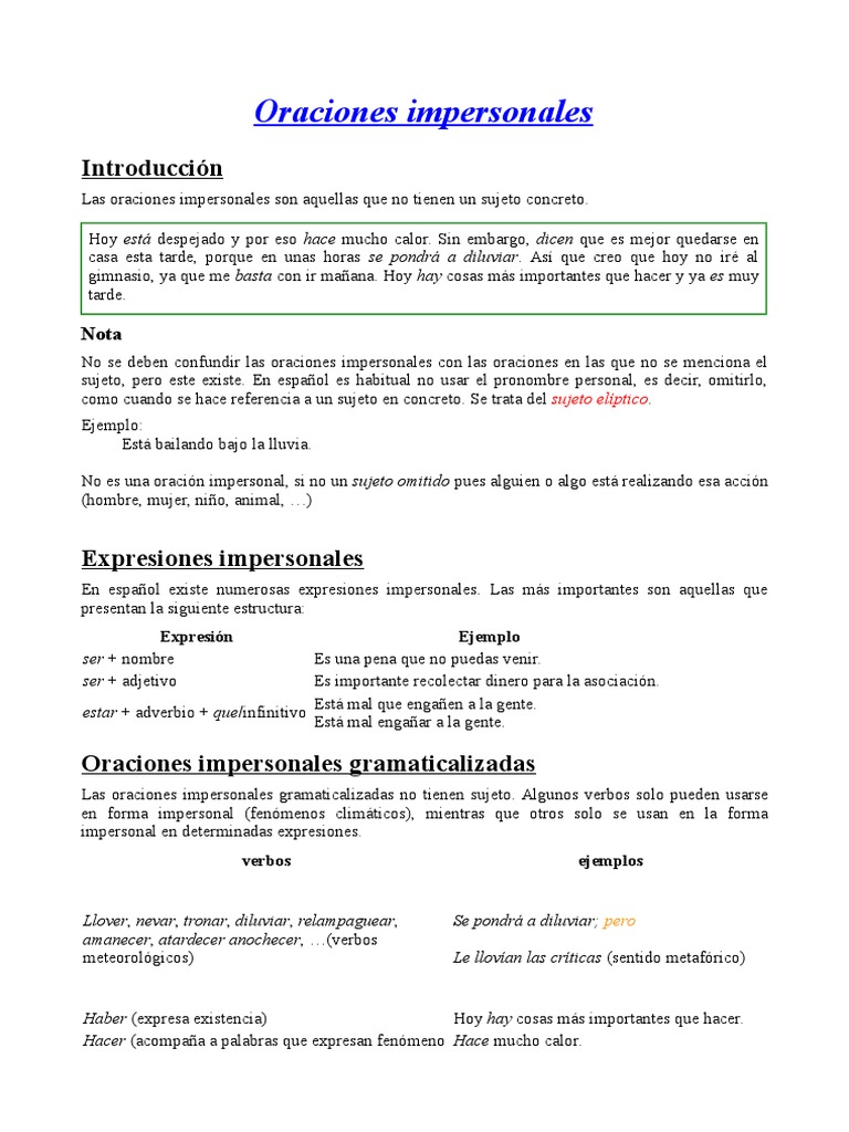 Oraciones Impersonales | PDF | Verbo | Asunto (gramática)