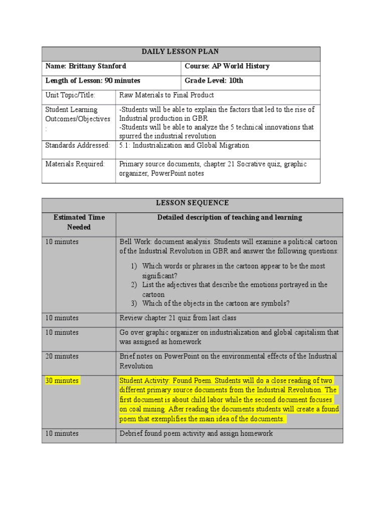 Daily Lesson Plan Name: Brittany Stanford Course: AP World History ...
