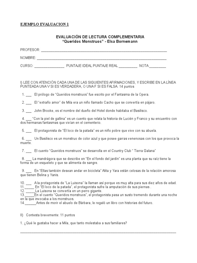 Evaluación de "Queridos Monstruos" | PDF | Lectura (proceso) | Narración