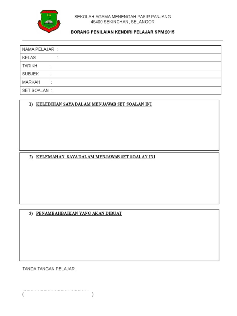Borang Penilaian Kendiri SPM | PDF