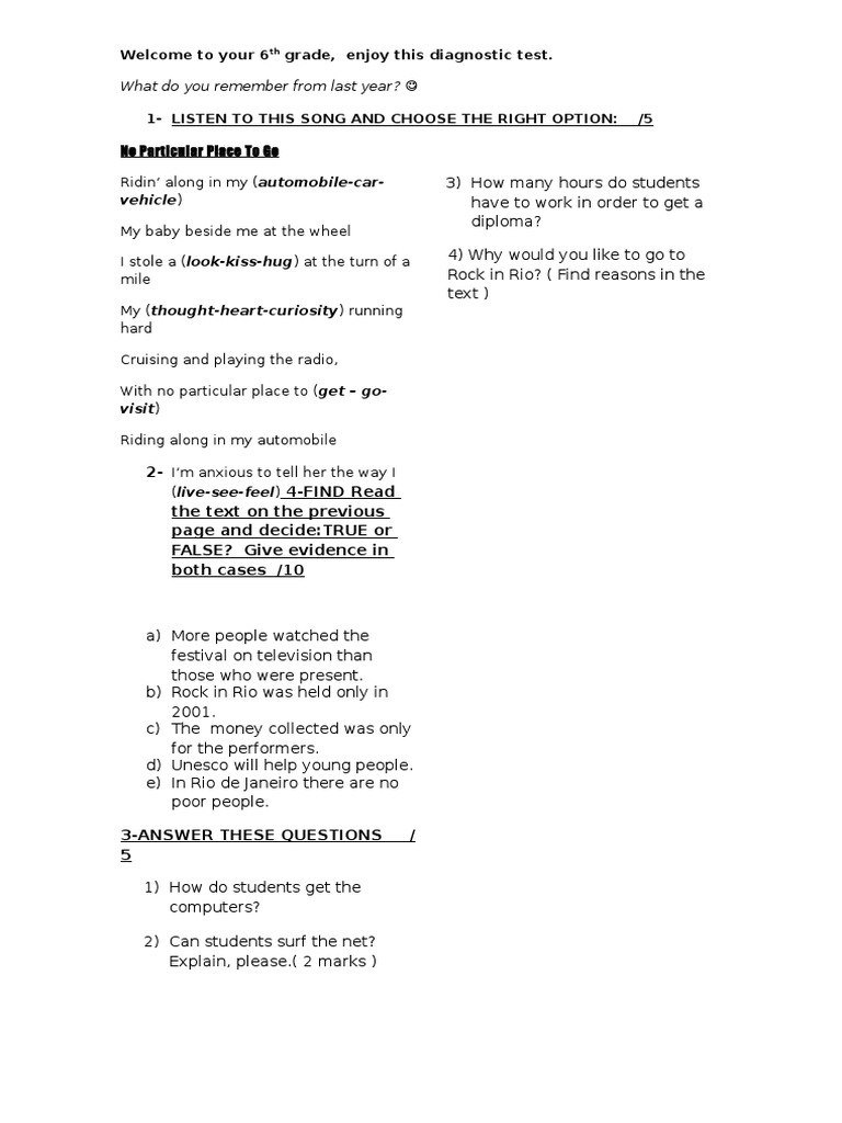Diagnostic Test 6th Grade | PDF