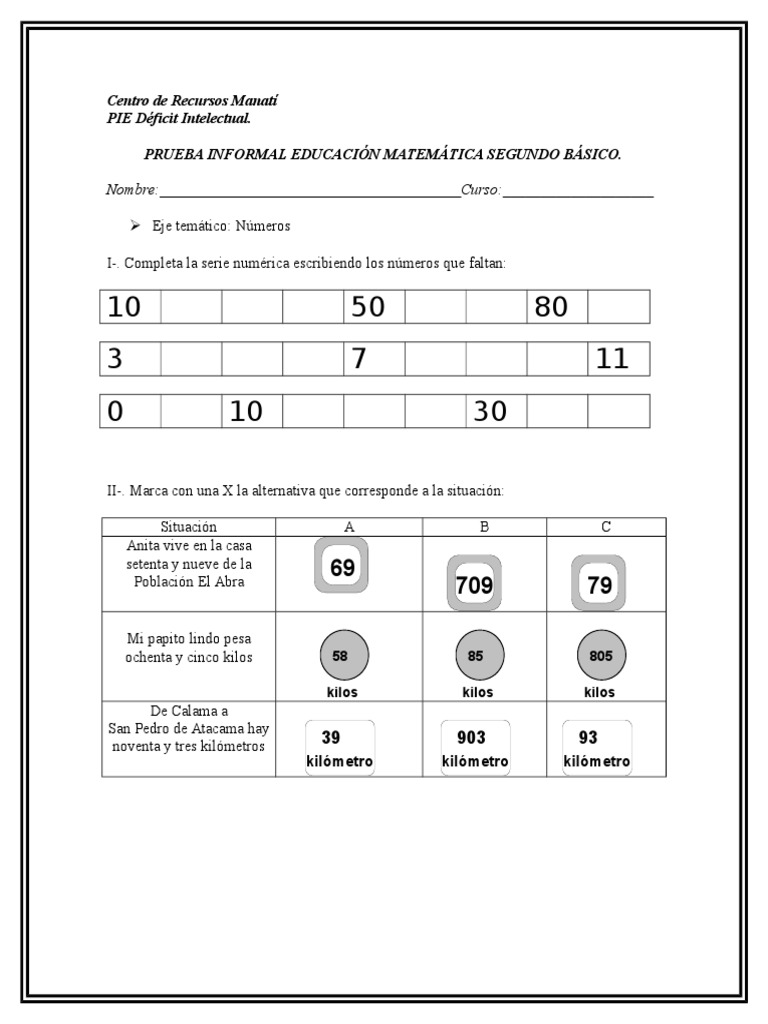 Prueba Matematica Segundo Básico