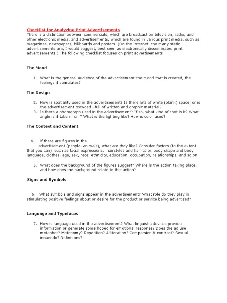 Print Advertisement Analysis Checklist | PDF