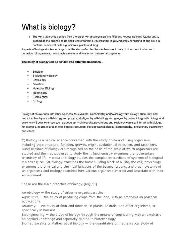 What Is Biology?: The Study of Biology Can Be Divided Into Different ...