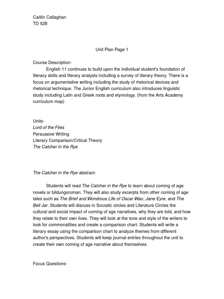 Catcher in the Rye Unit Plan Overview | PDF | Narrative | Rhetoric