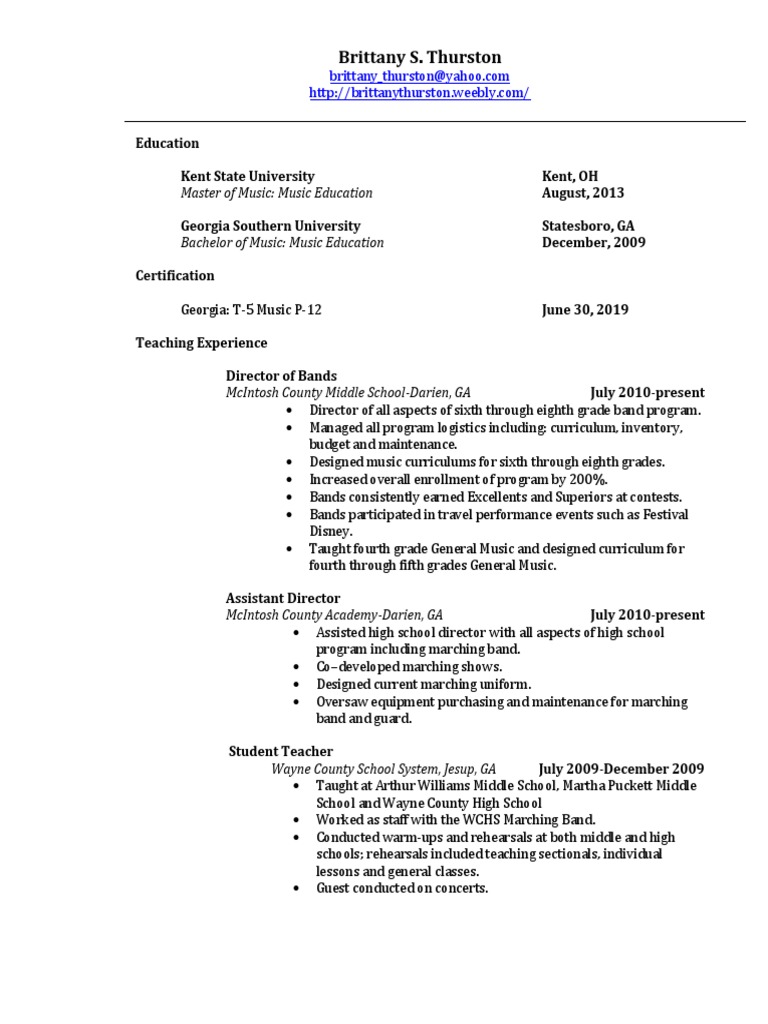 B Thurston Resume | PDF | Music Education | Georgia (U.S. State)