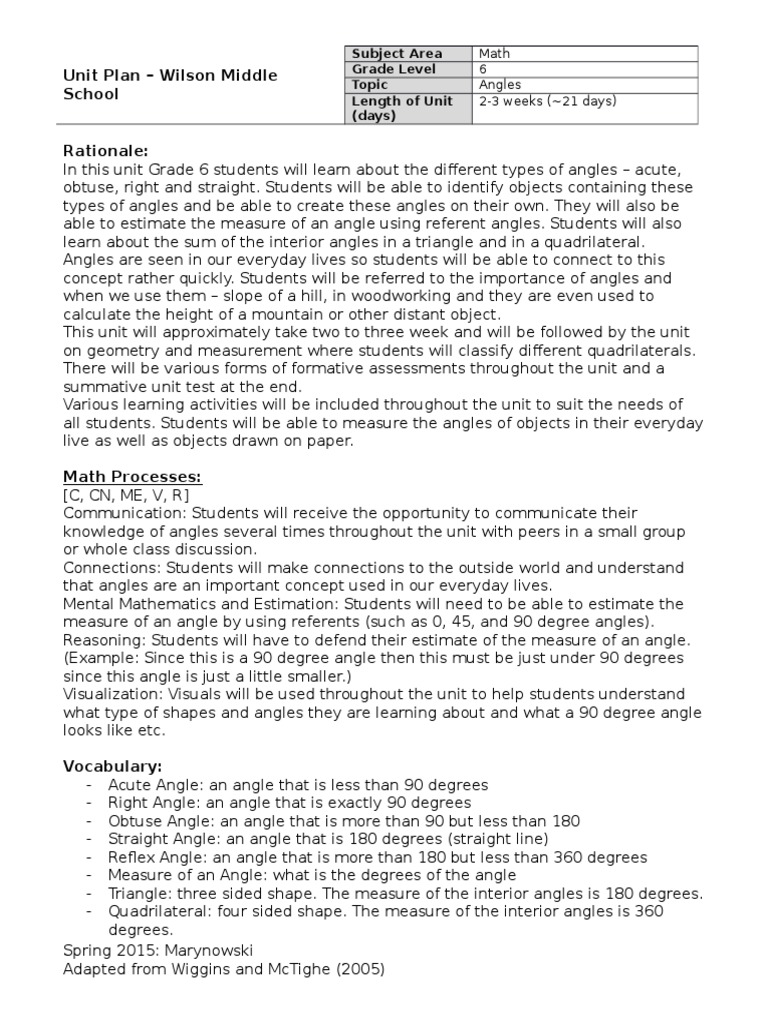 Math Grade 6 - Angles Unit Plan | PDF | Angle | Shape