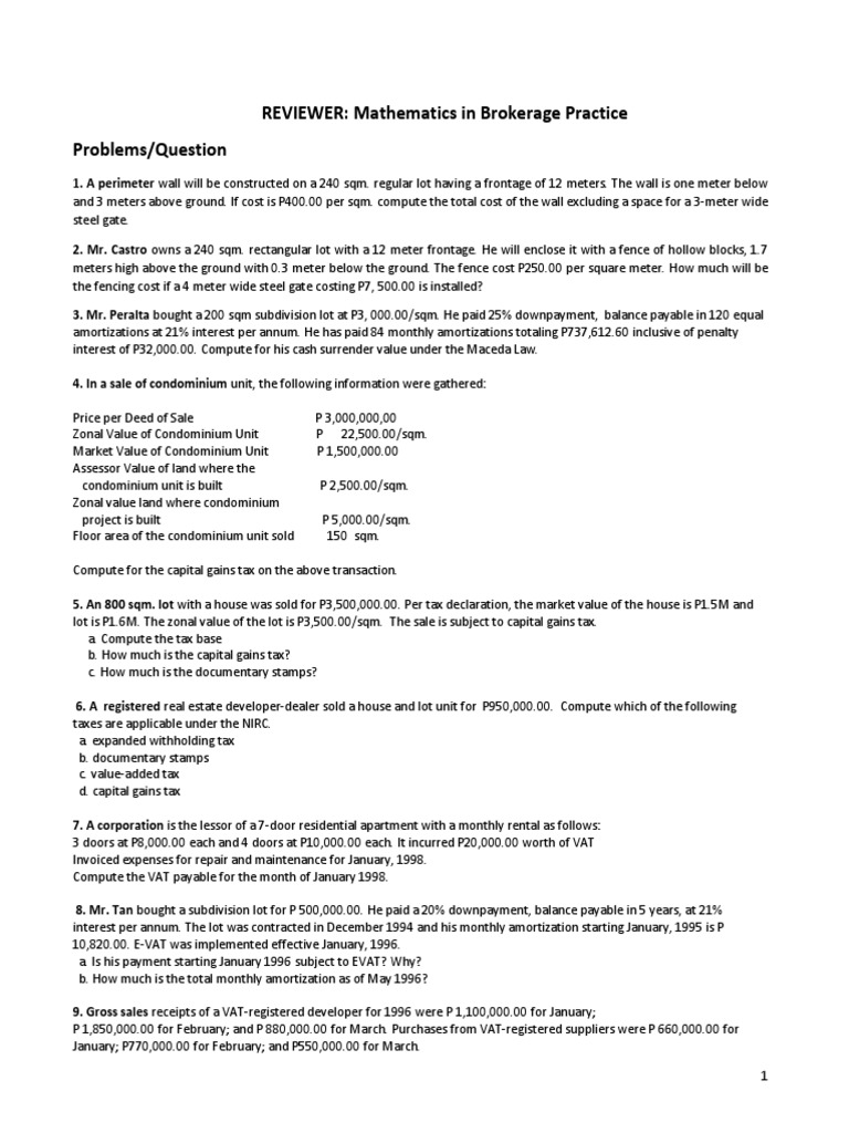 Real Estate Brokerage Math Problems | PDF | Value Added Tax | Capital ...
