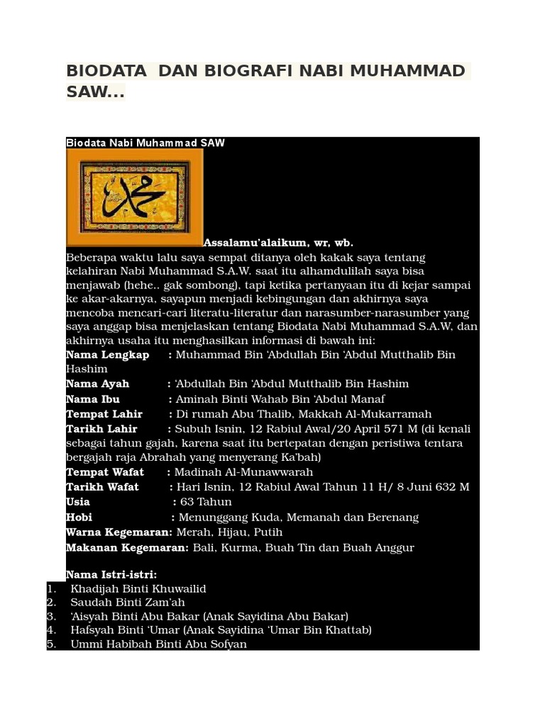Biodata Dan Biografi Nabi Muhammad Saw | PDF