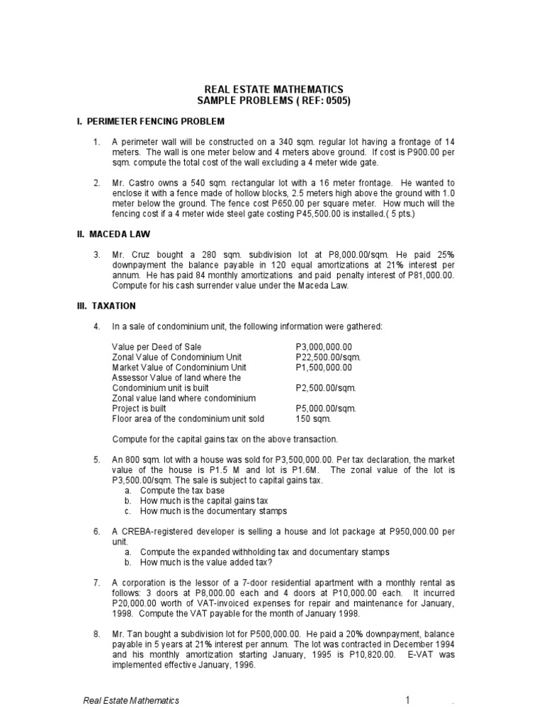 Real Estate Mathematics Sample Problems (Ref: 0505) : I. Perimeter ...