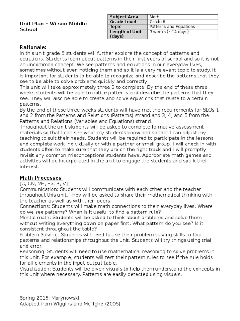 Math Grade 6 - Patterns and Equations Unit Plan | PDF | Equations ...