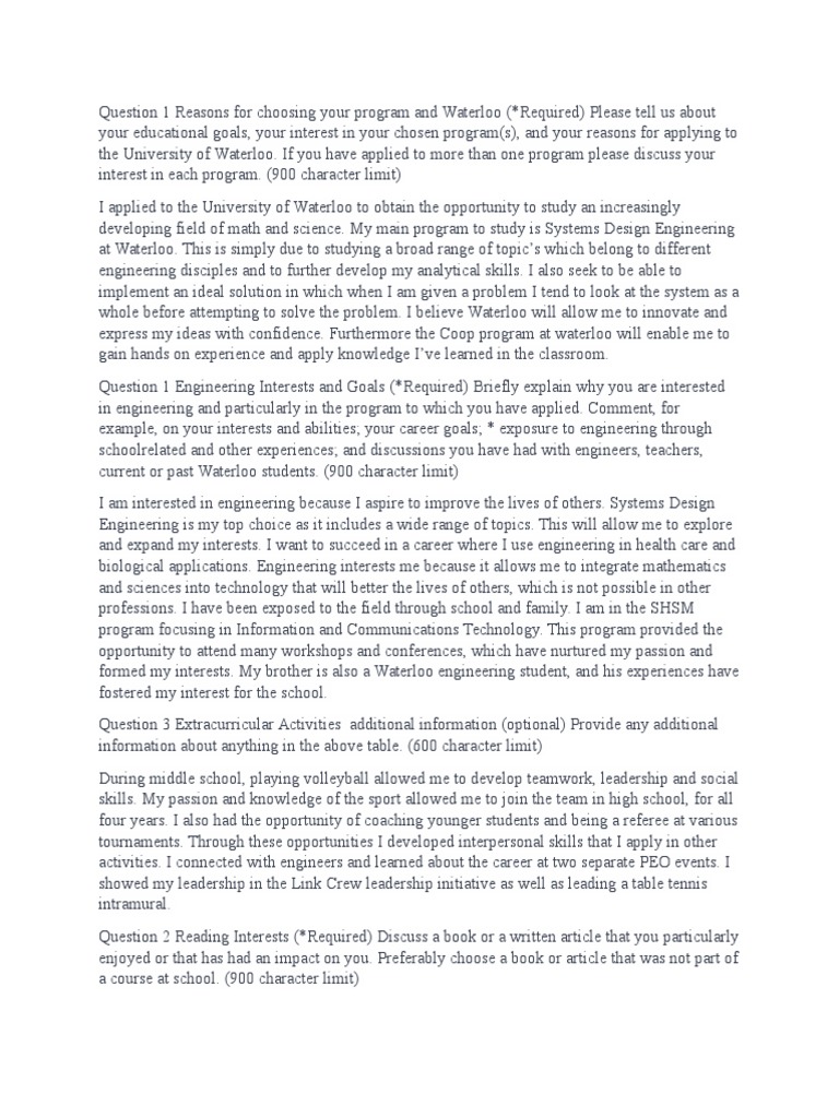 Question 1 Reasons For Choosing Your Program and Waterloo | PDF ...