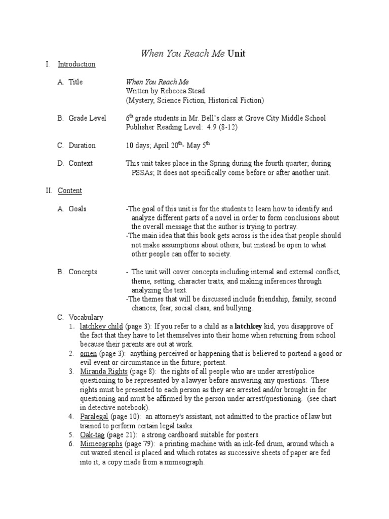 When You Reach Me Unit Plan | PDF | Reading Comprehension