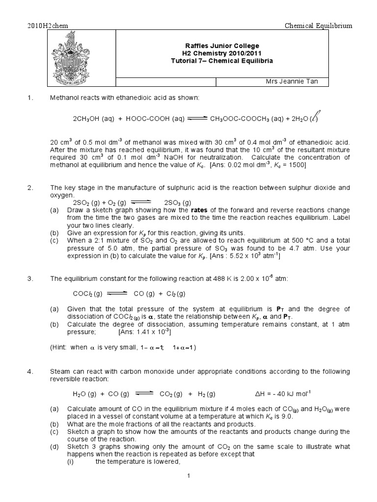 Chemical Equilibrium Tutorial 2010 | PDF | Chemical Equilibrium ...
