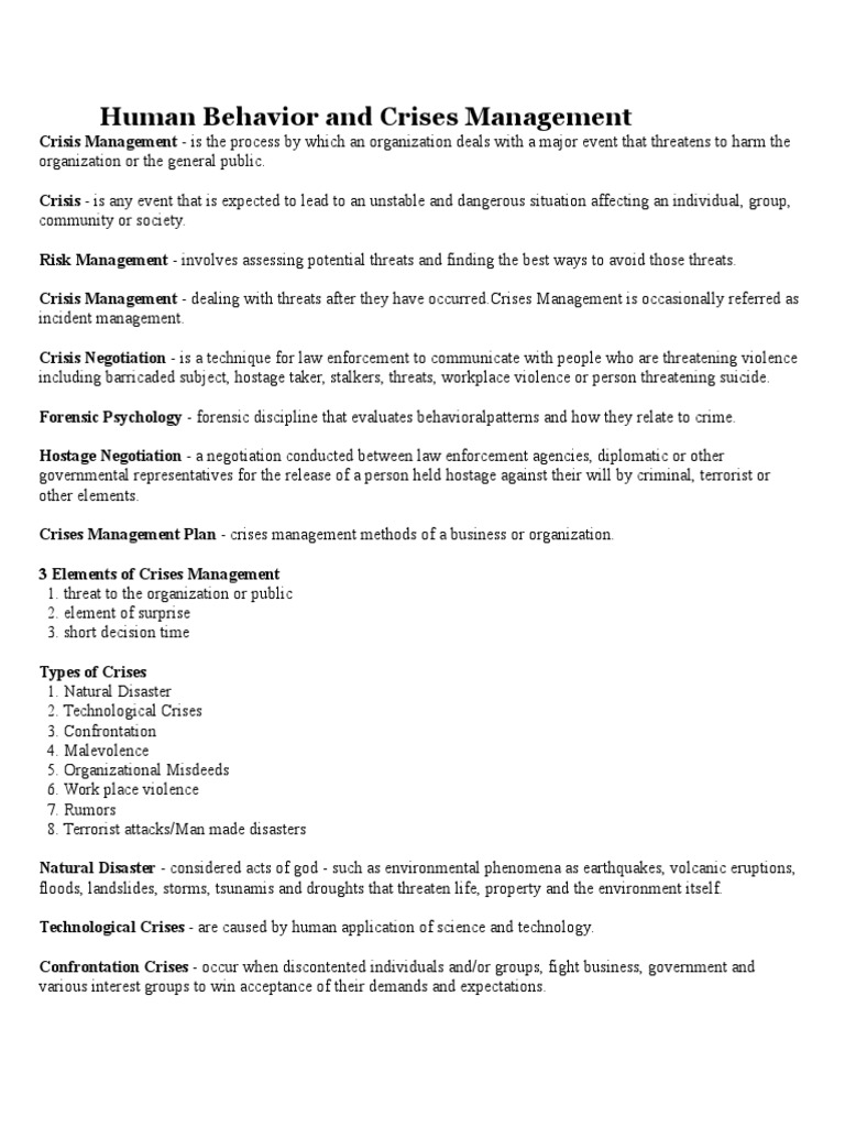 Human Behavior in Crisis Management | PDF | Crisis Management | Mental ...