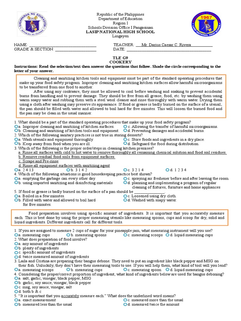 Tle Rushed Work For Comprehension Exam G9 | PDF | Housekeeping | Cooking