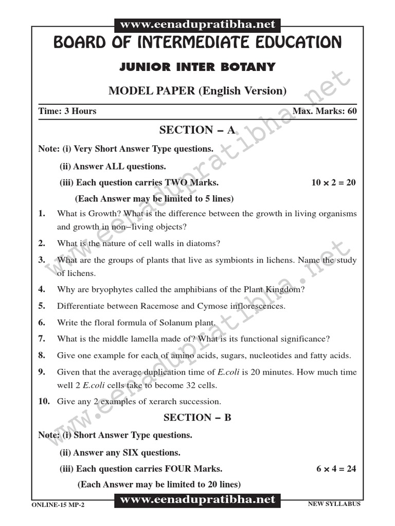 Jrinter Botany Model Paper 3 em | PDF | Ploidy | Botany