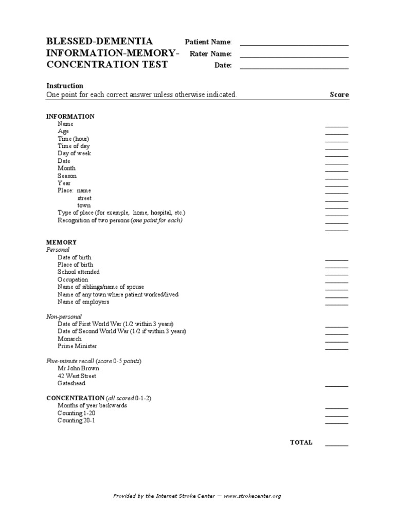 Blessed Dementia Information Memory Concentration Test | PDF | Dementia ...