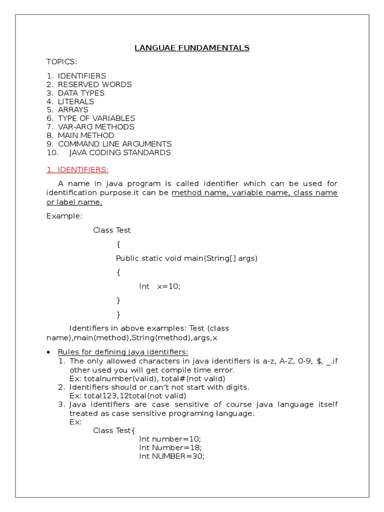 Languae Fundamentals: 1. Identifiers | PDF | Reserved Word | Java (Programming Language)